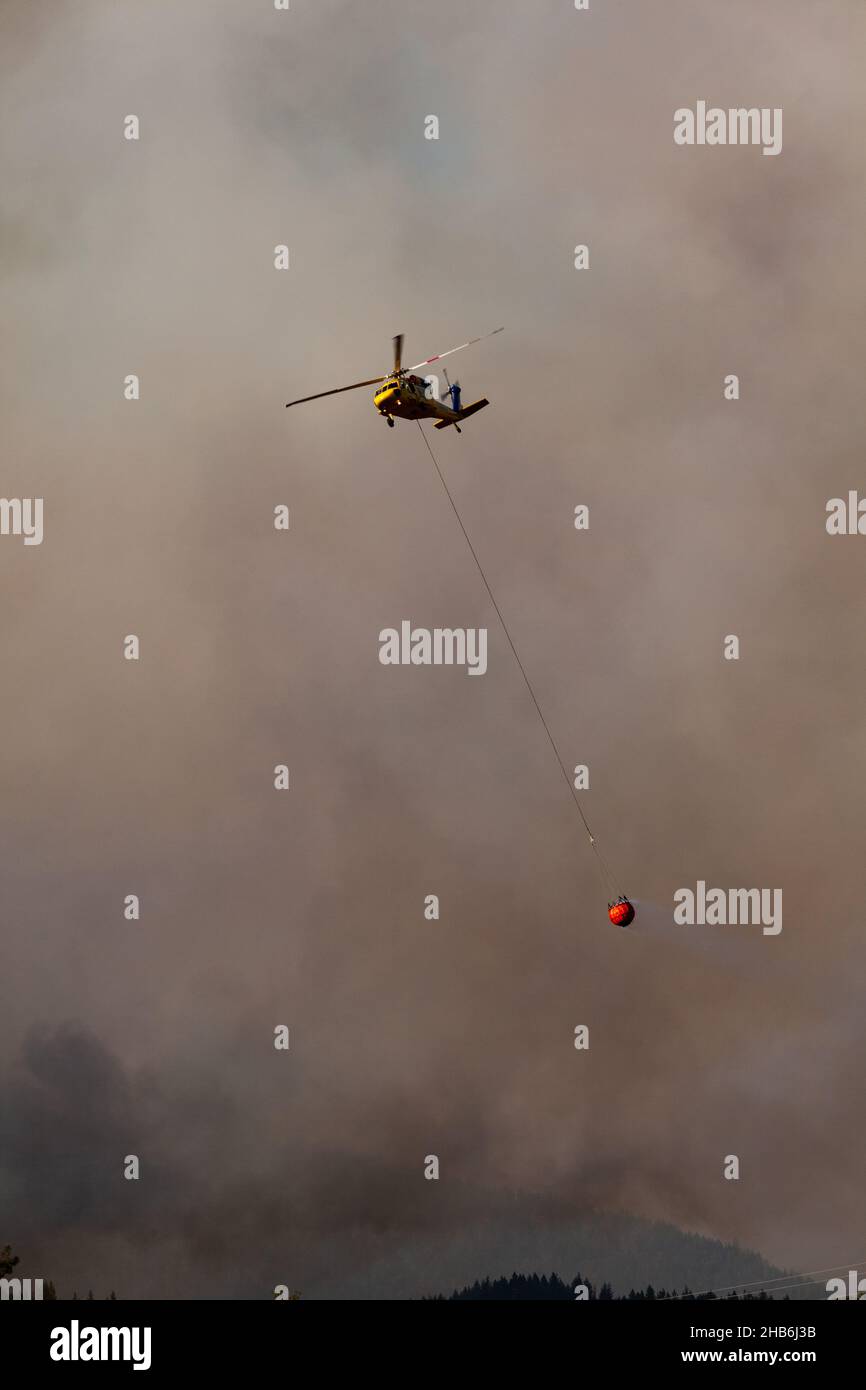 Breathtaking shot of a helicopter flying over a burning forest trying ...