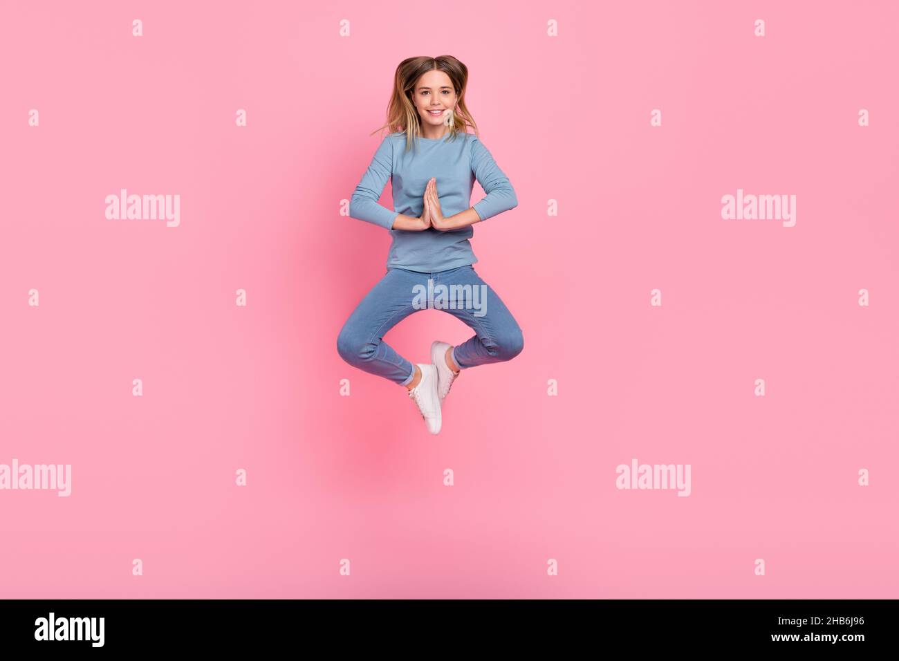 Full body photo of young girl jump up retreat practicing rest pleading ...