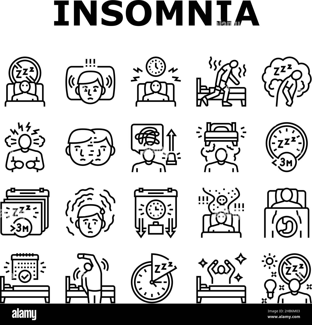Insomnia Person Chronic Problem Icons Set Vector Stock Vector Image ...