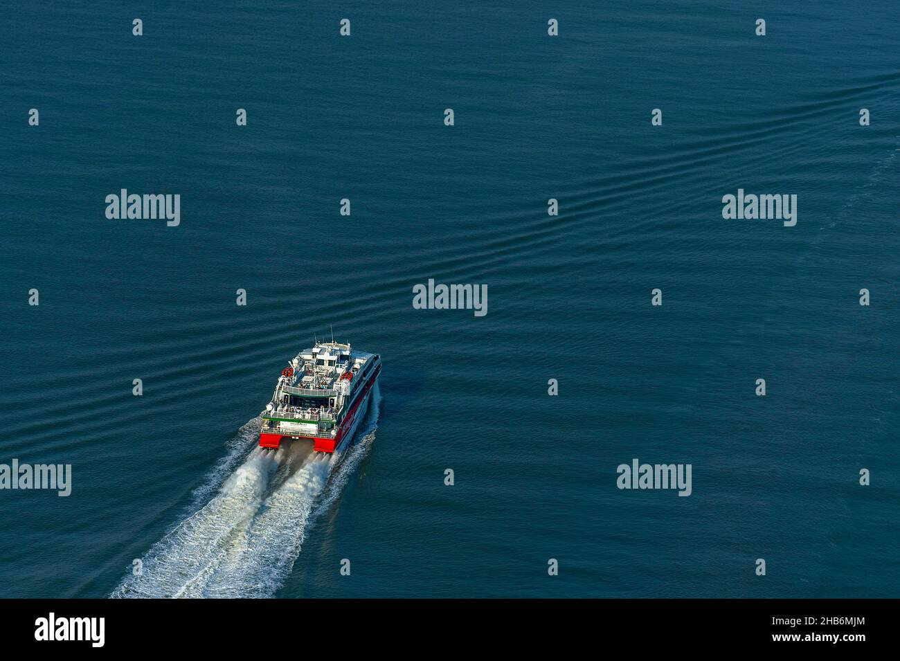 highspeed ferry MS Halunder Jet on the Lower Elbe, aerial view, Germany ...