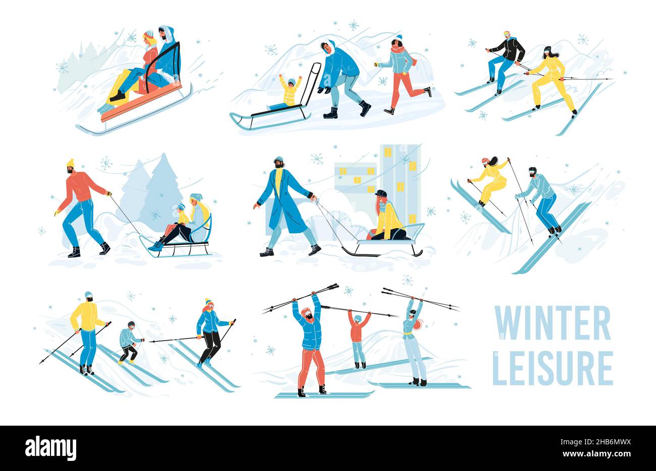 Winter leisure holiday outdoor activities vector scene set Stock Vector ...