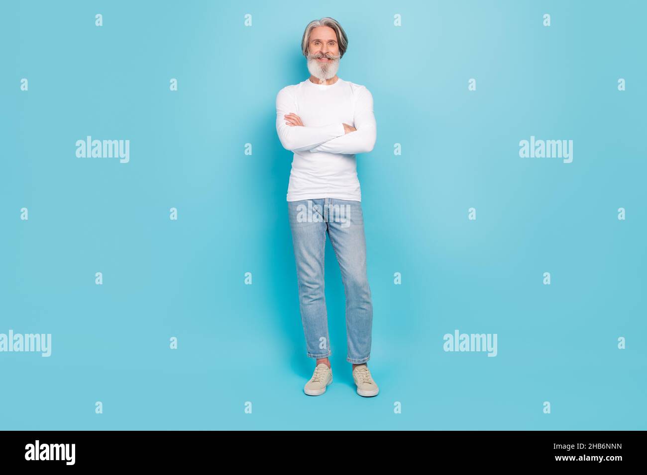 Full length body size view of attractive cheerful grey-haired man ...