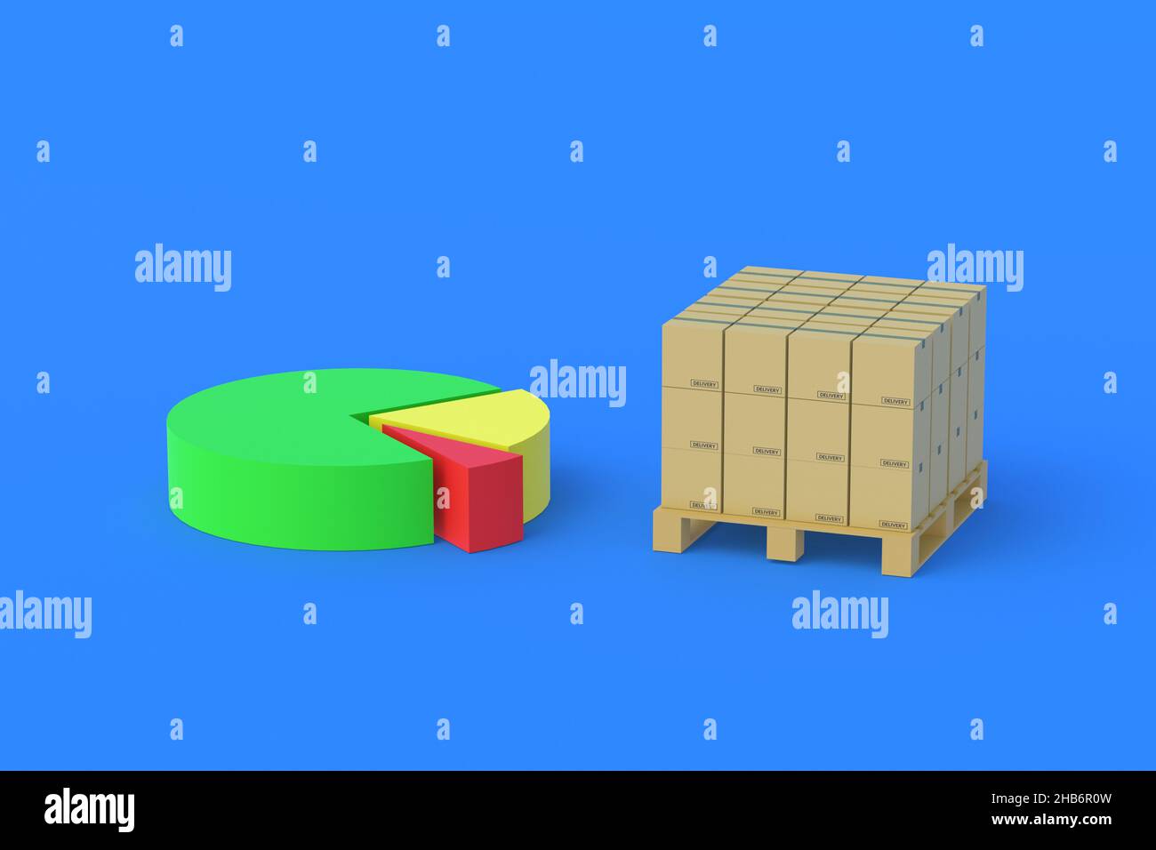 Cardboard boxes on pallet near pie chart. Postage statistics. The ...