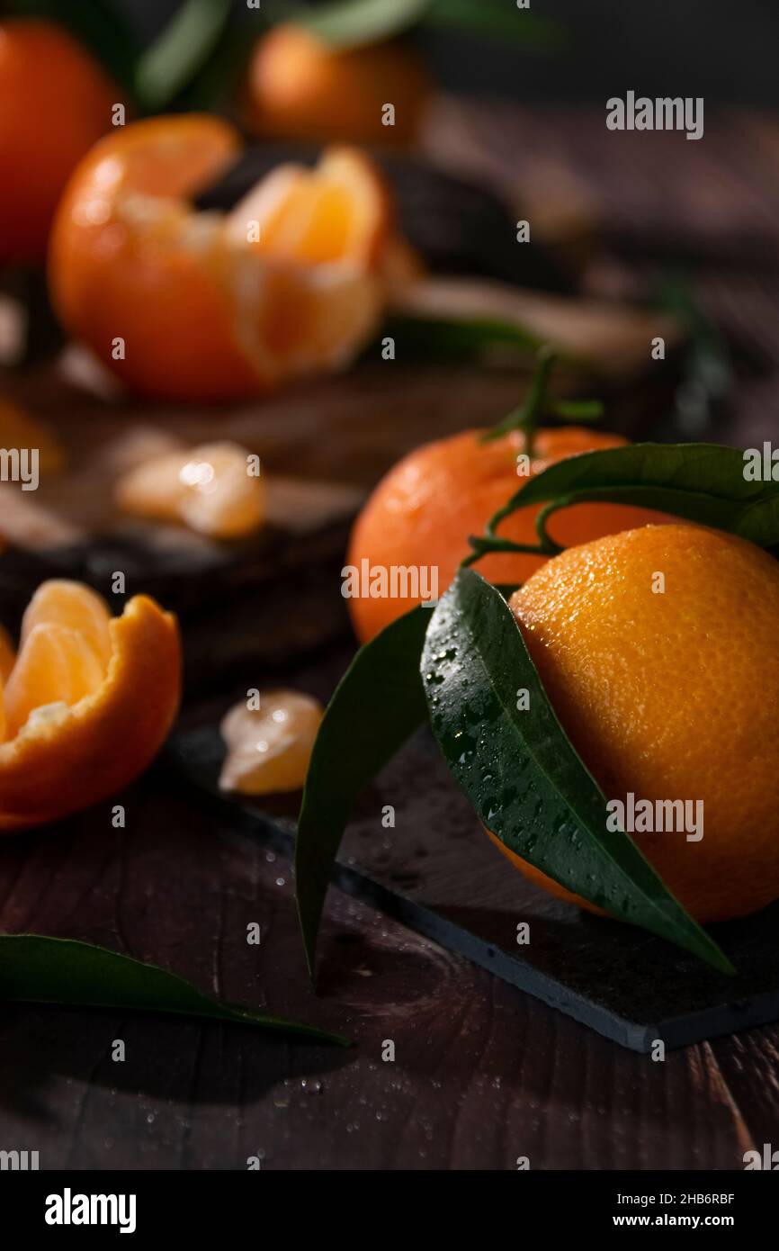 Fresh raw tangerine on dark background, healthy food ingredients Stock ...