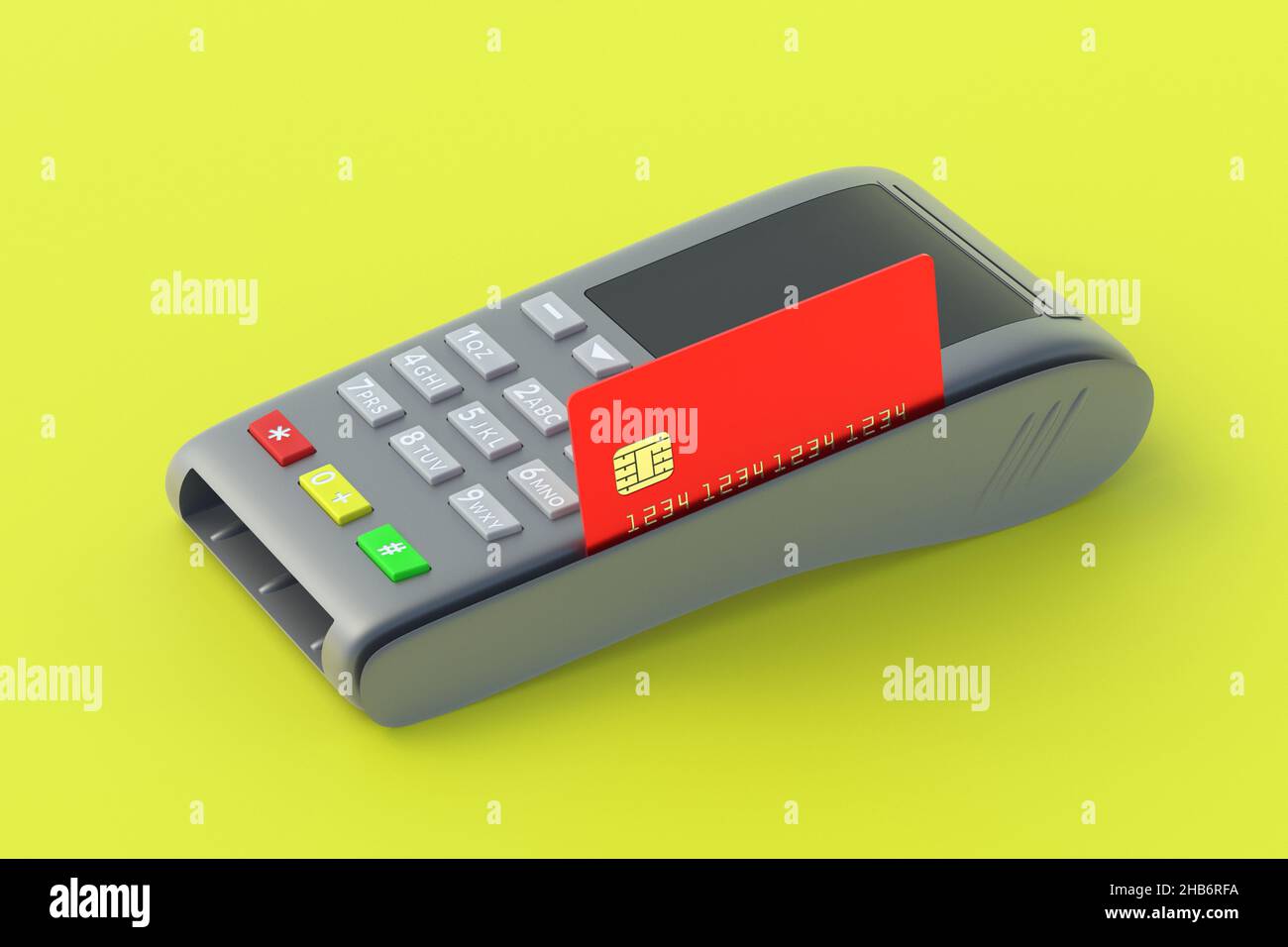 Portable cash register with plastic credit card on yellow background ...