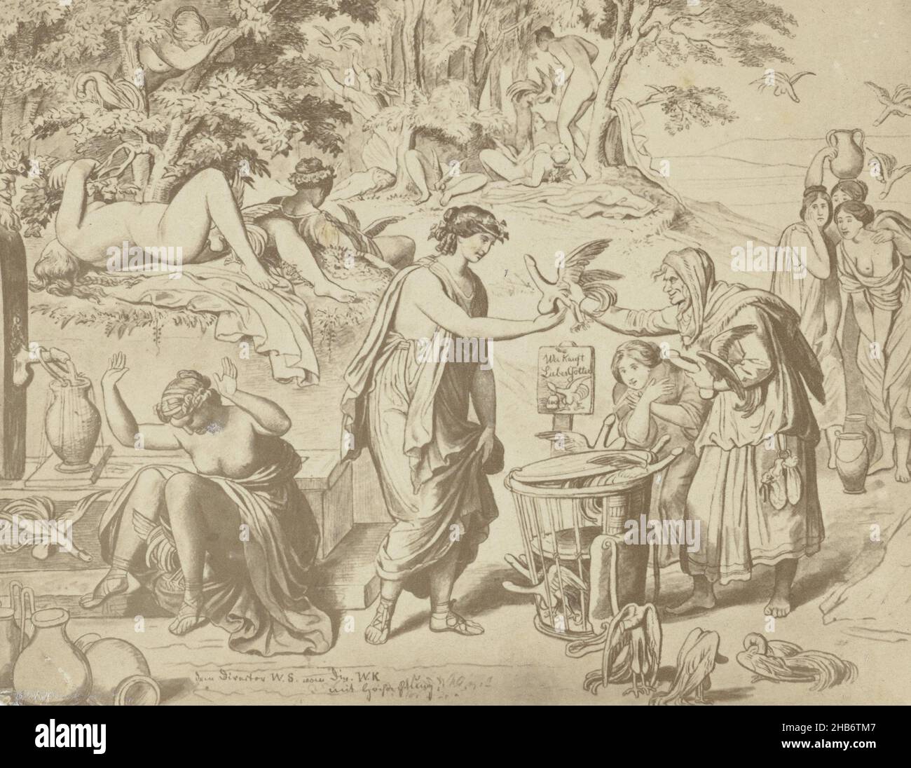 Reproduction of drawing with an old woman selling winged phalluses ...