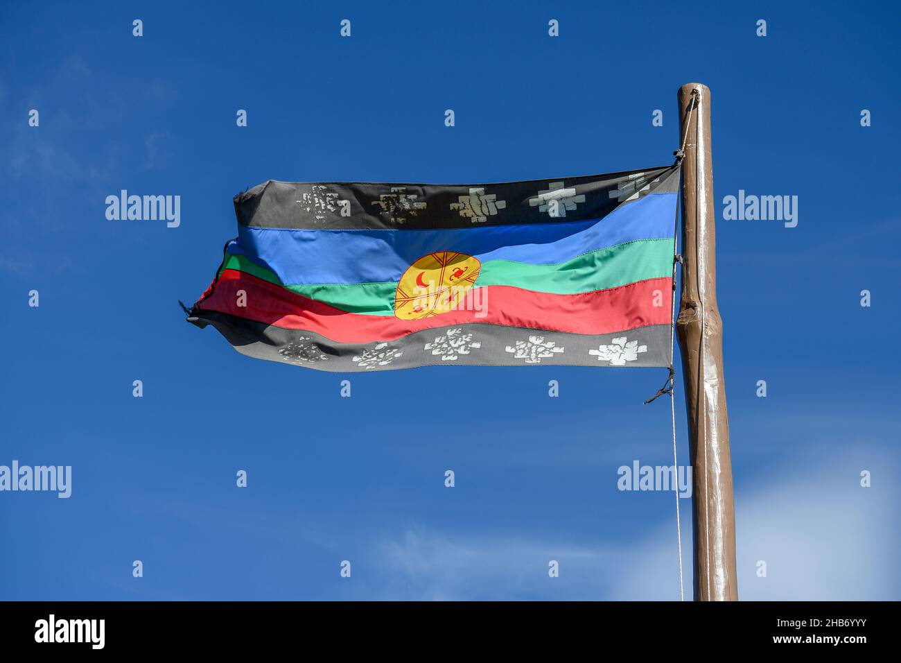 Flag of the Mapuche people in the blue sky background Stock Photo - Alamy