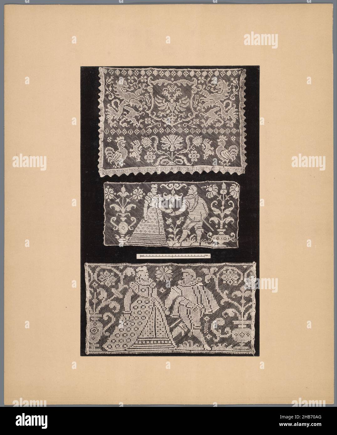 Three representations of lace, Top: two lions holding a coat of arms ...
