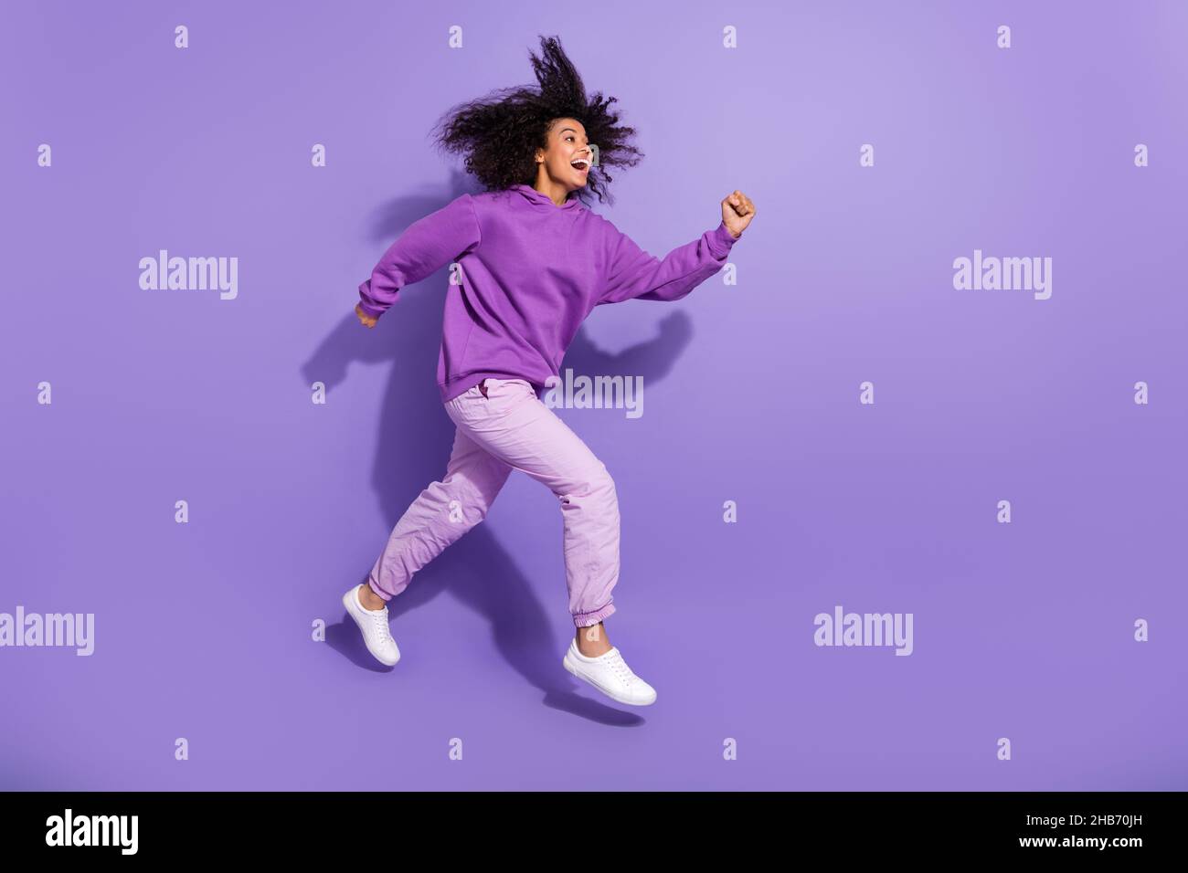 Full length profile photo of excited amazed girl running hurry look ...