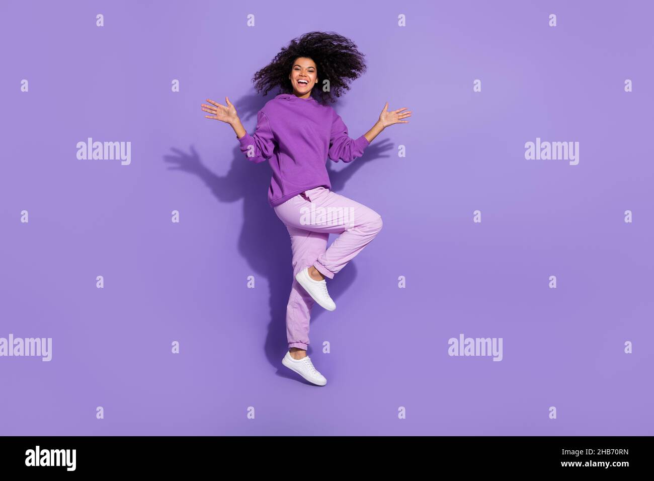 Full body portrait of attractive overjoyed wavy hairdo lady toothy ...