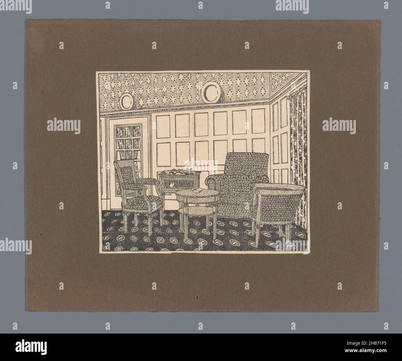 Sitting room with three chairs around a round table, print maker ...