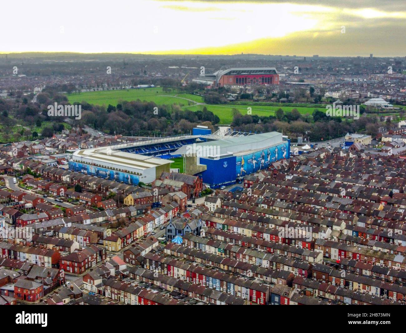 A aerial view Goodison Park, home of Everton FC and Anfield, home of ...