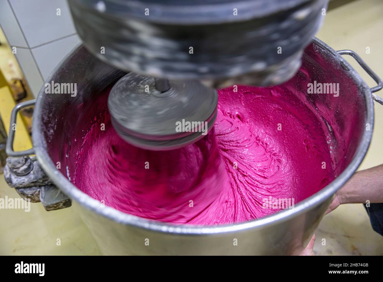 Production of macarons. Preparation of pink dough. Pink Buttercream ...