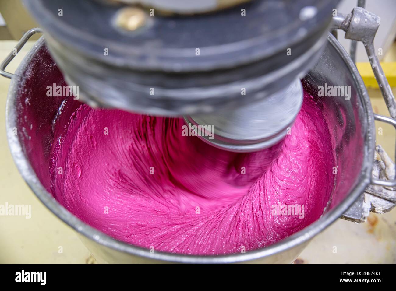 Production of macarons. Preparation of pink dough. Pink Buttercream ...