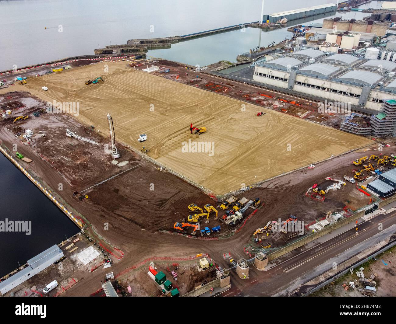 An aerial view of construction work at the site of Everton football ...