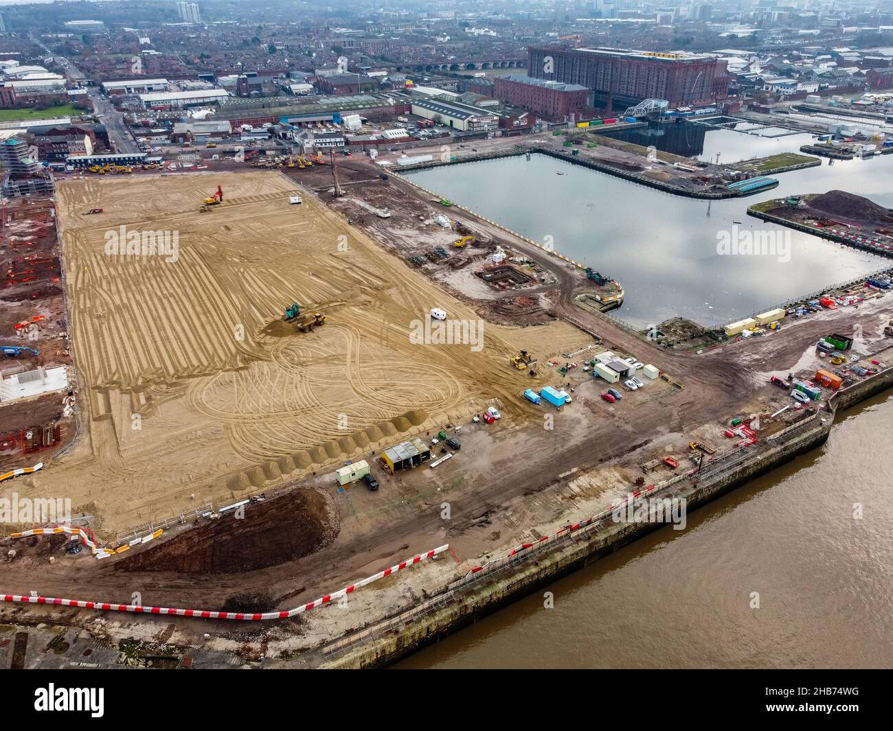An aerial view of construction work at the site of Everton football ...
