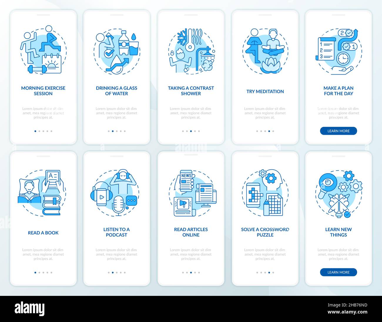 Morning routine blue onboarding mobile app screen set Stock Vector ...