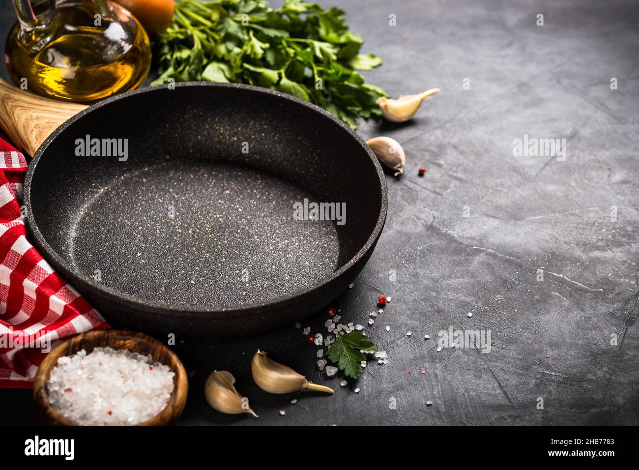 Food cooking background with Frying pan or skillet, spices, herbs and ...