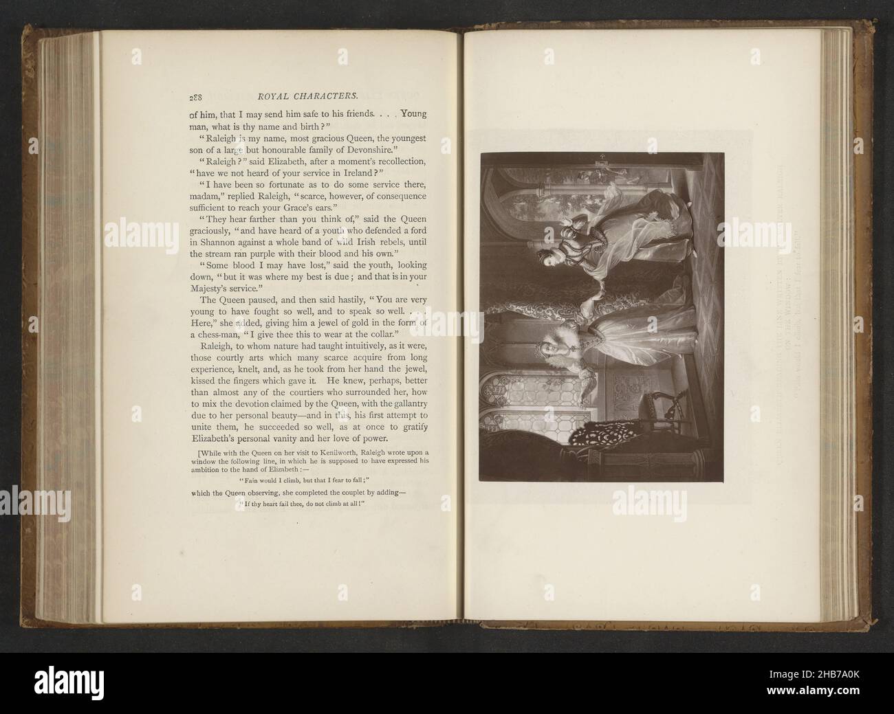 Queen Elizabeth reading the line written by Sir Walter Raleigh on the ...