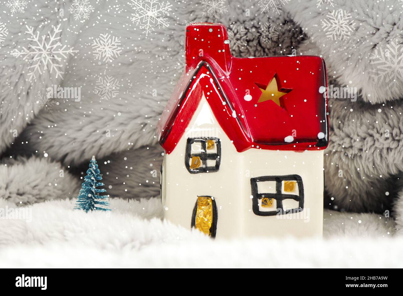 Toy house with red roof, pine tree and snow. New year decoration Stock ...