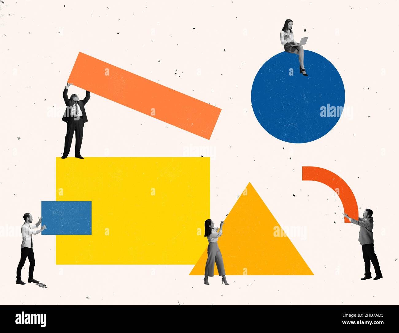 Contemporary art collage of people, employees carrying geometric ...
