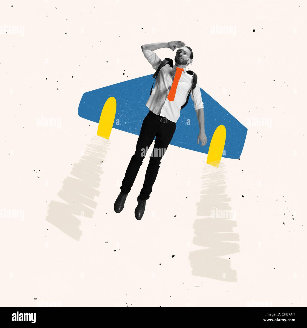Contemporary art collage of man flying up on a plane symbolizing career ...