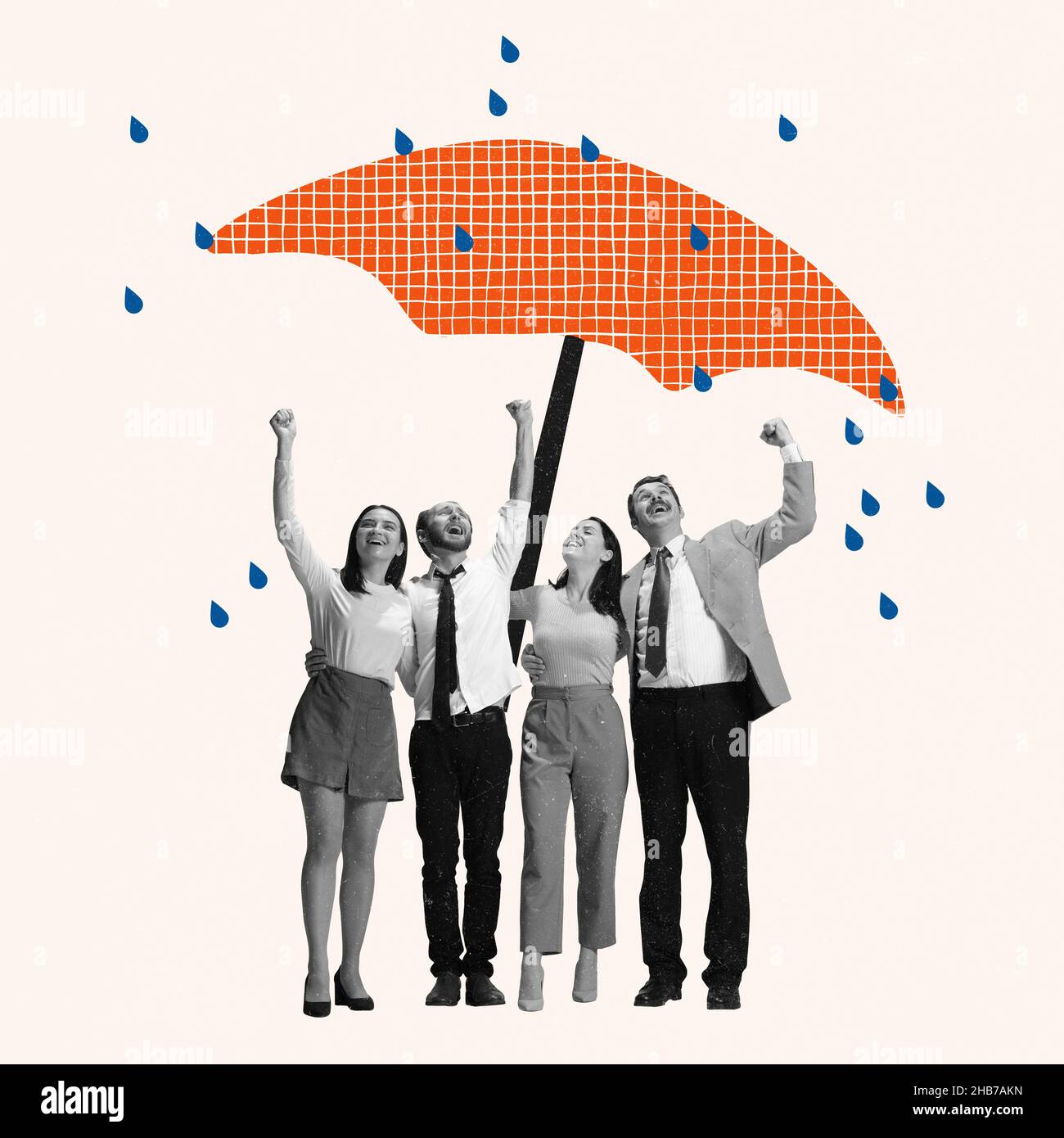 Contemporary art collage. Group of people, employees standing under umbrella Stock Photo - Alamy