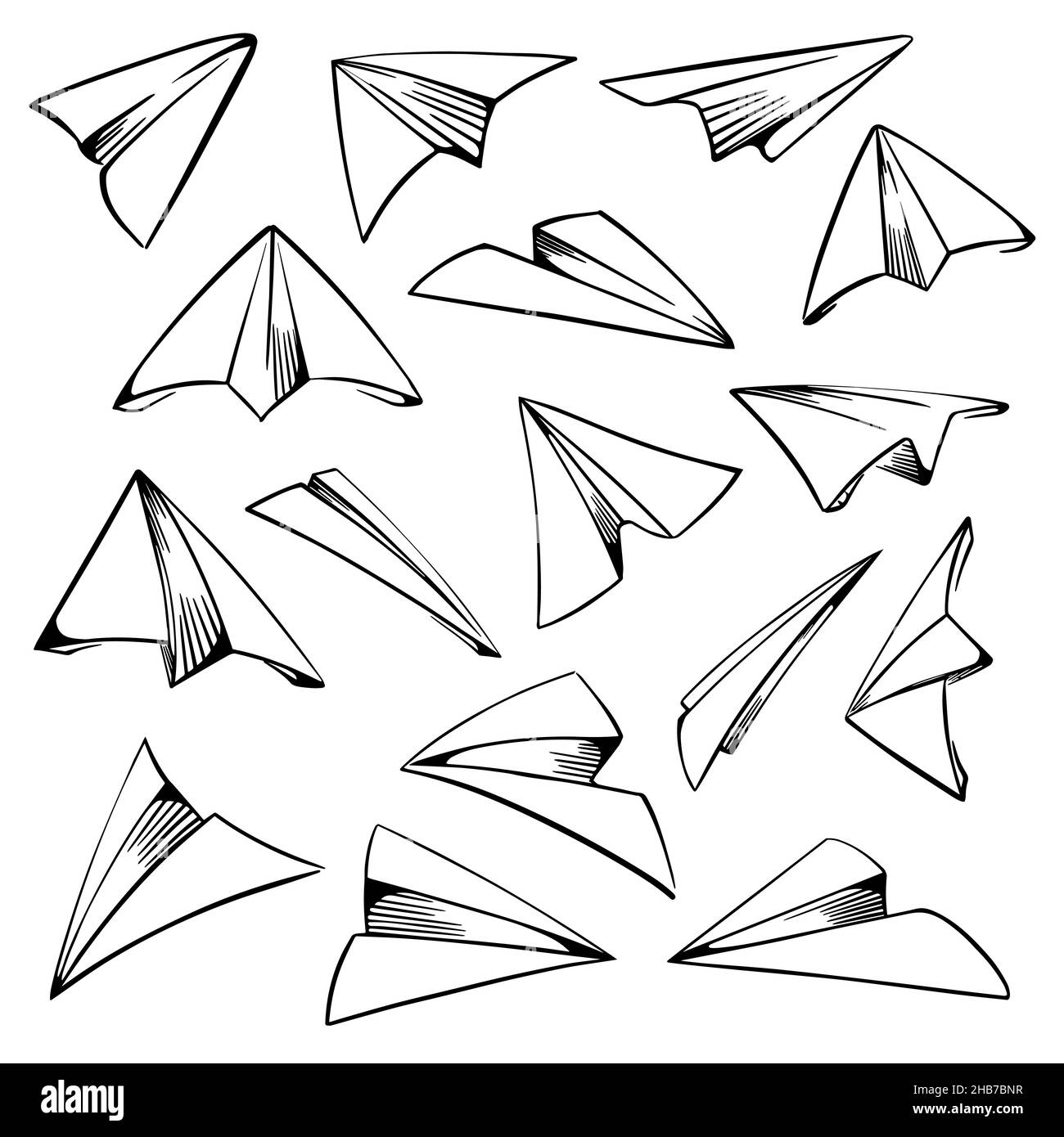 A set of sketch paper airplanes, hand-drawn, with a pen tool. Isolated ...