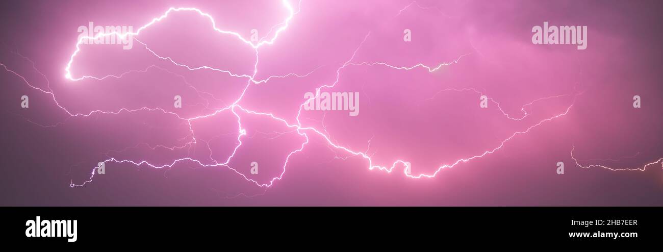 Lightning with with beautiful purple light, thunderstorm at summer ...