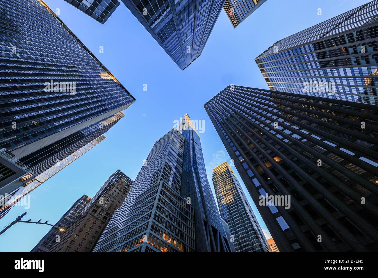 Looking up at West 53rd Street and Sixth Avenue in the Midtown ...