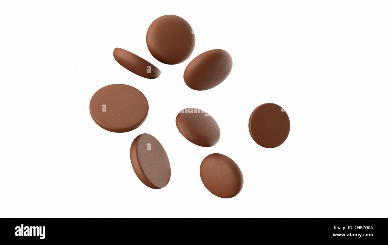 3d render of a round Chocolate Chips Falling on white isolated ...