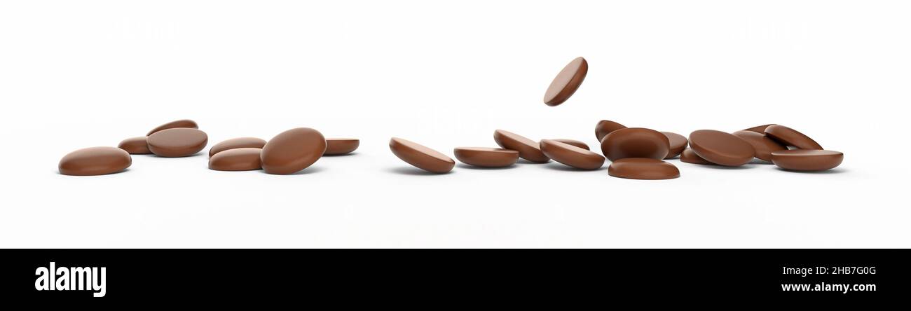 Round Chocolate Chips Falling on white isolated floor 3d illustration ...