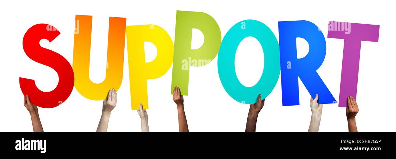 Support - human hands holding colorful letters Stock Photo - Alamy