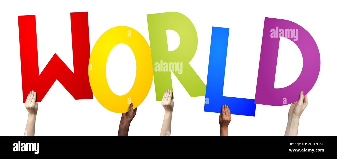 World - human hands holding colorful letters Stock Photo - Alamy