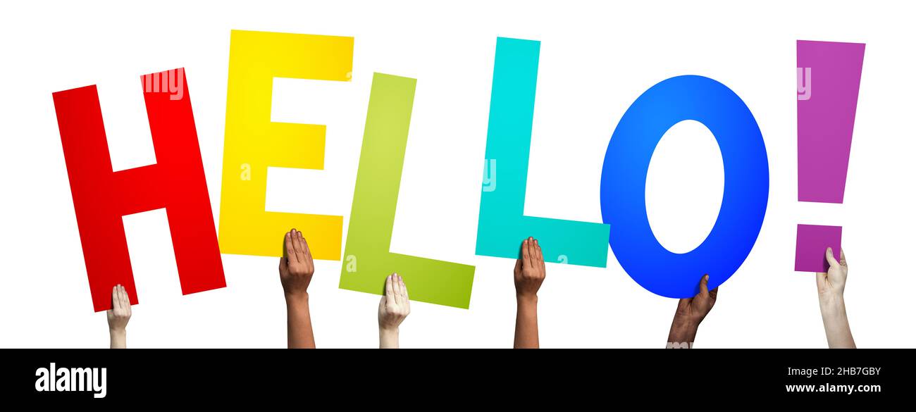 Hello! - human hands holding colorful letters Stock Photo - Alamy