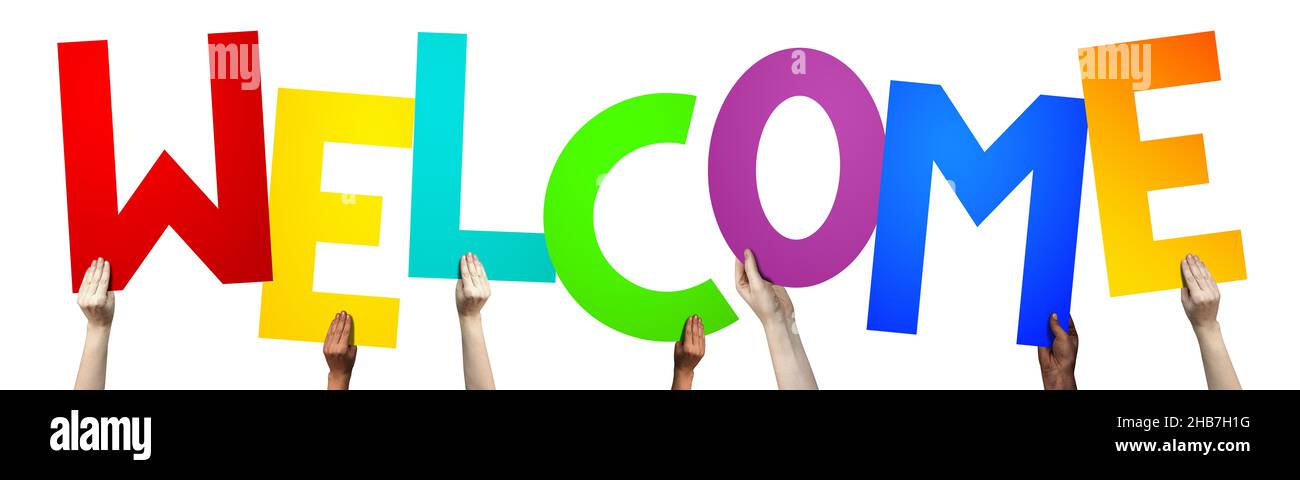 Welcome - human hands holding colorful letters Stock Photo - Alamy