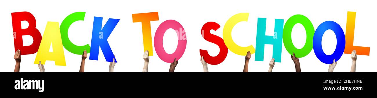 Back to school - human hands holding colorful letters Stock Photo - Alamy