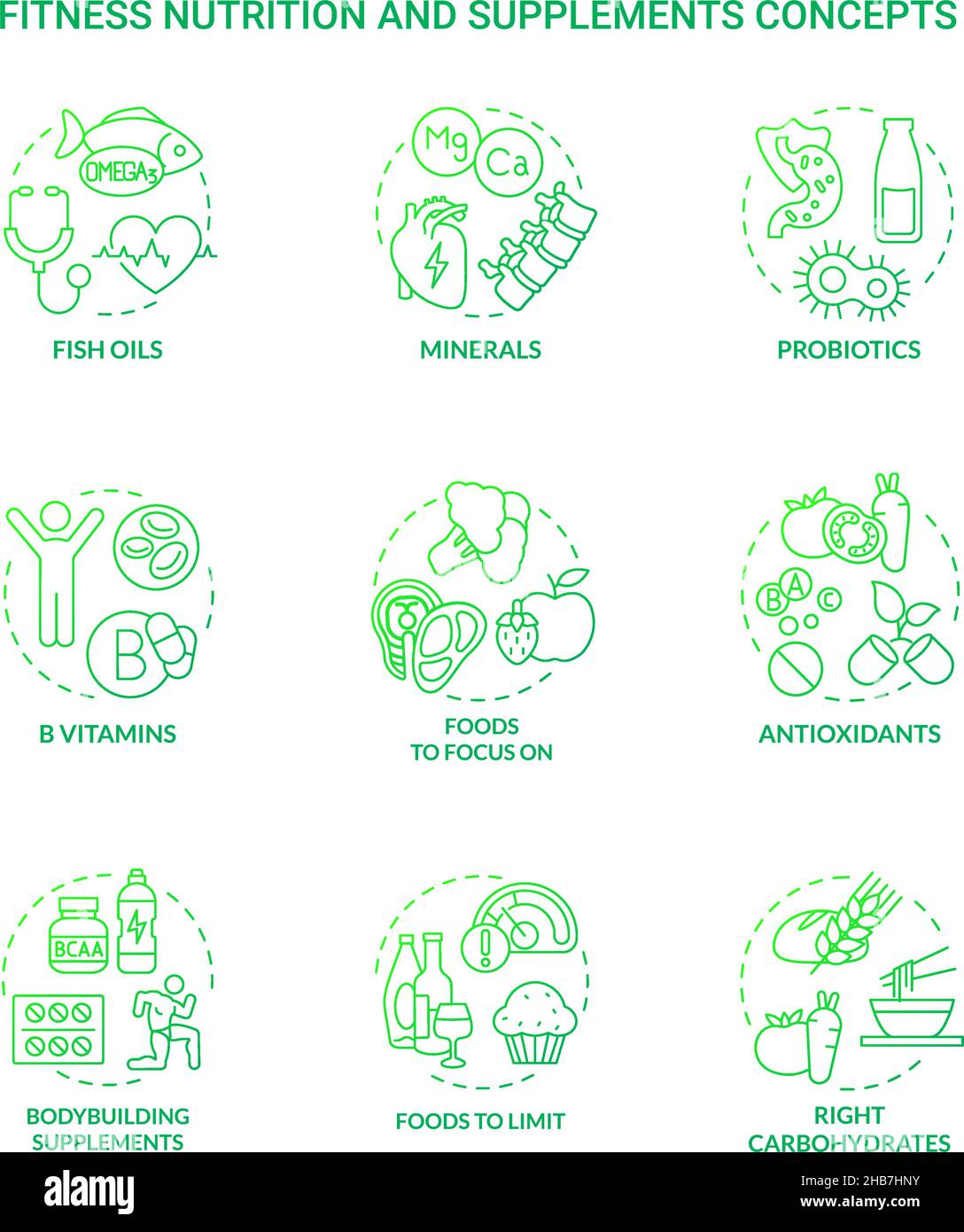 Fitness nutrition and supplements green gradient concept icons set ...
