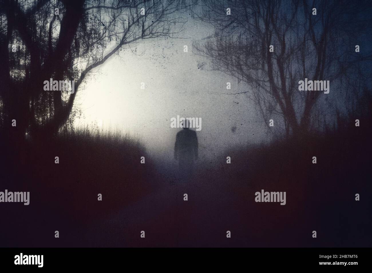 A spooky, horror concept. Of a scary shadow person with a hat standing ...