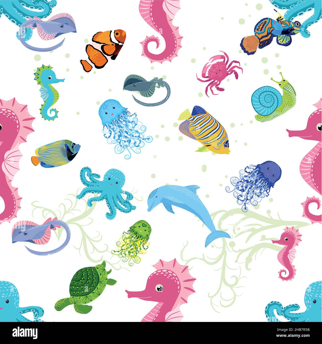 Marine life, fish, animals bright seamless pattern. sea travel ...