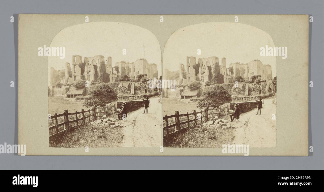 Two people, including a draughtsman, in front of the ruins of ...