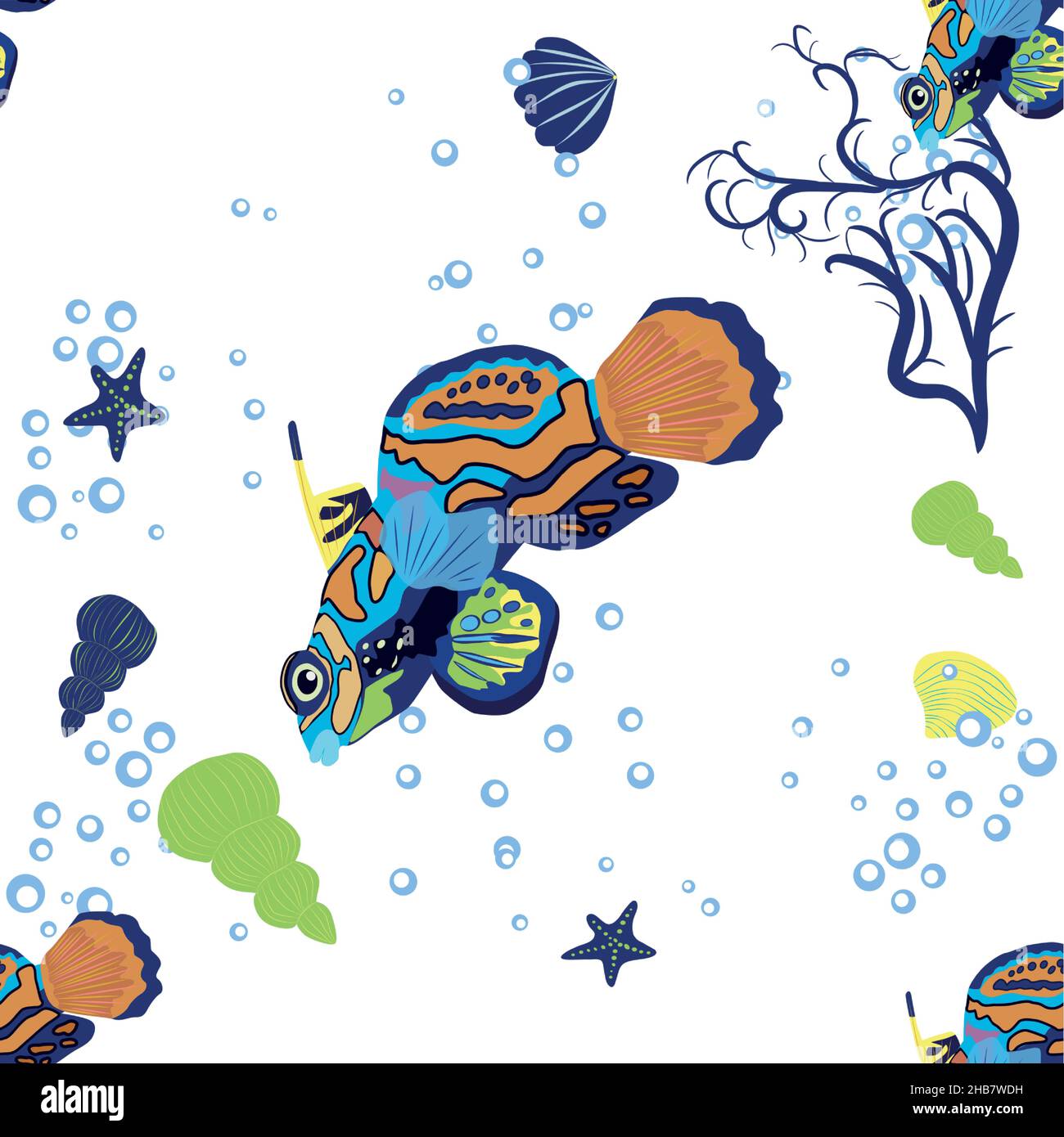Mandarin fish seamless patterns. beautiful character among seashells ...