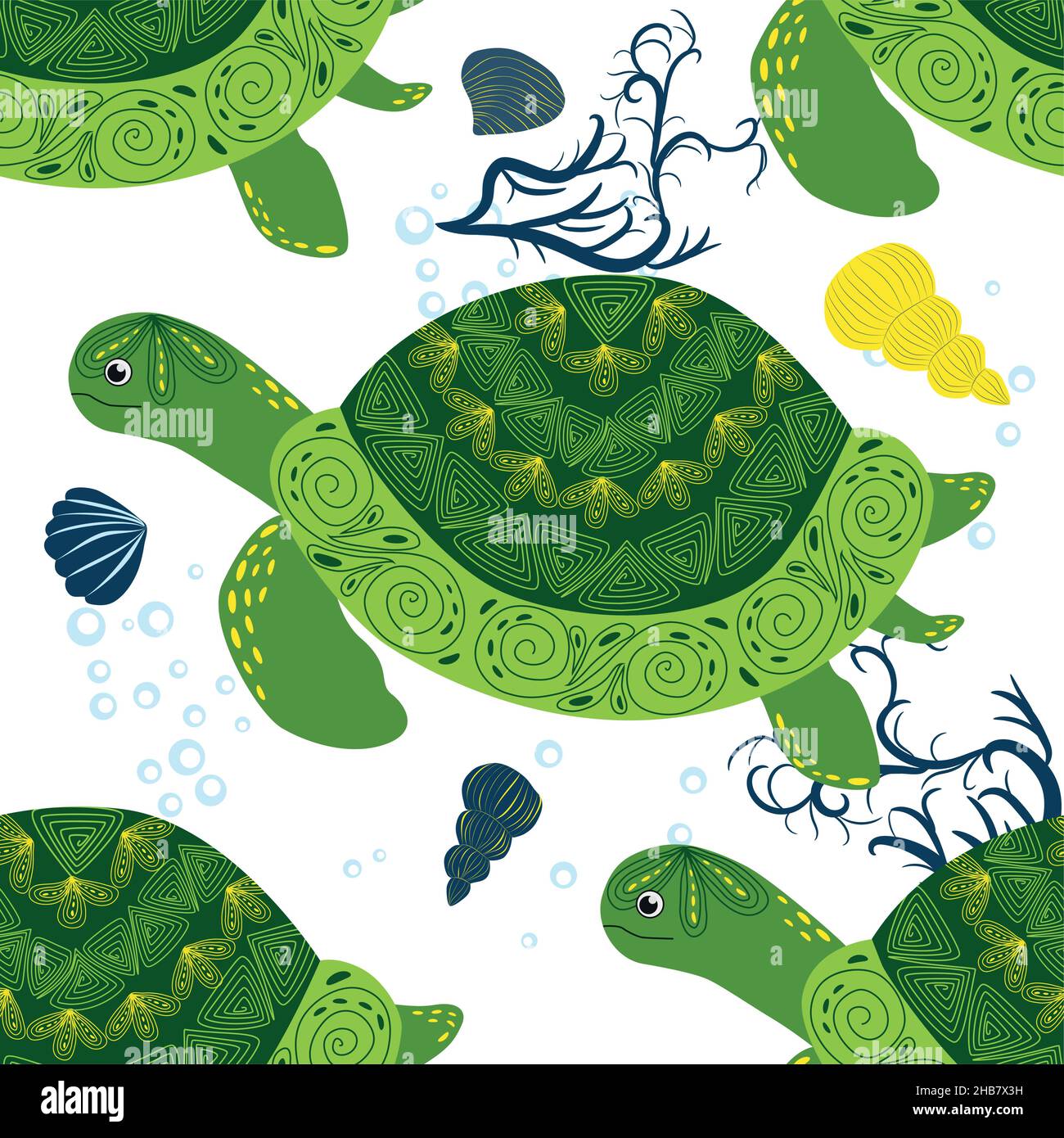 Turtle green seamless pattern, beautiful character among seashells ...