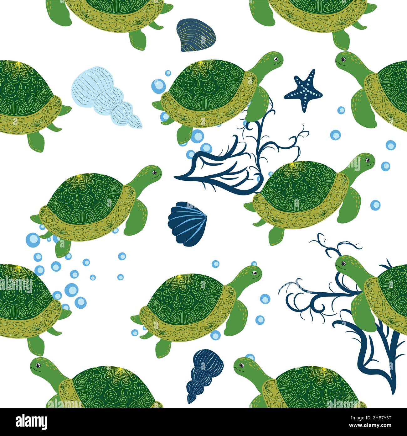 Turtle green seamless pattern, beautiful character among seashells ...