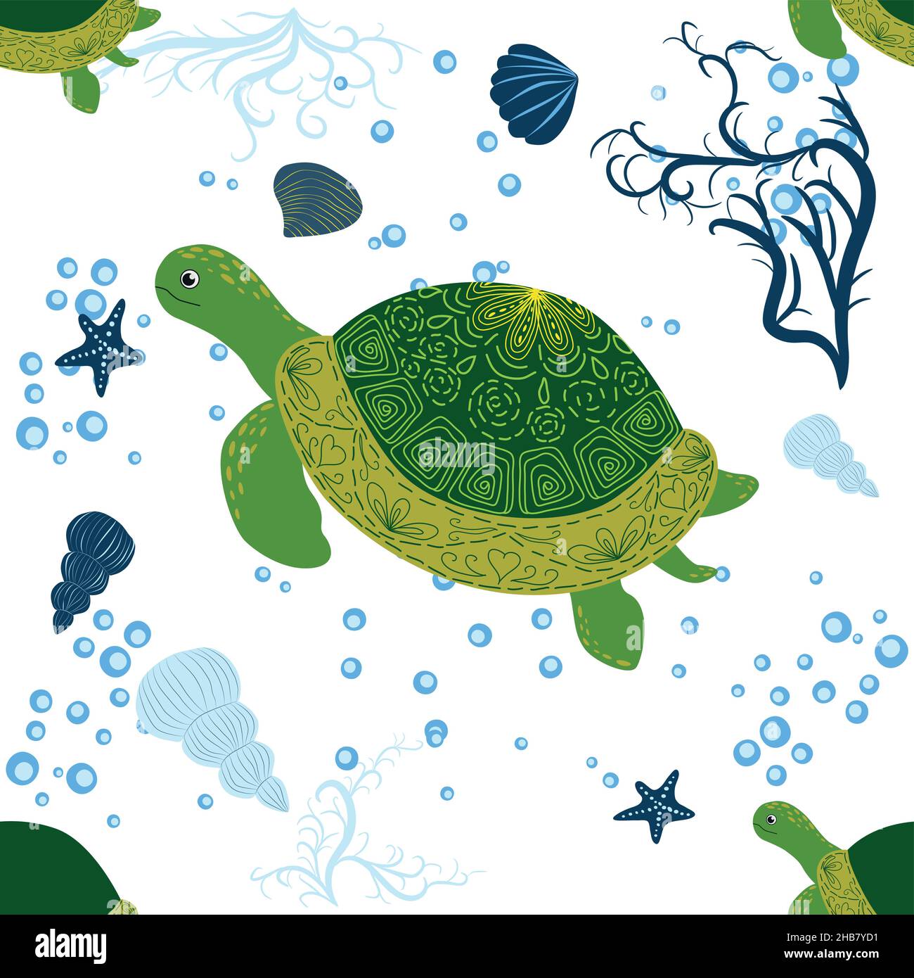 Turtle green seamless pattern, beautiful character among seashells ...
