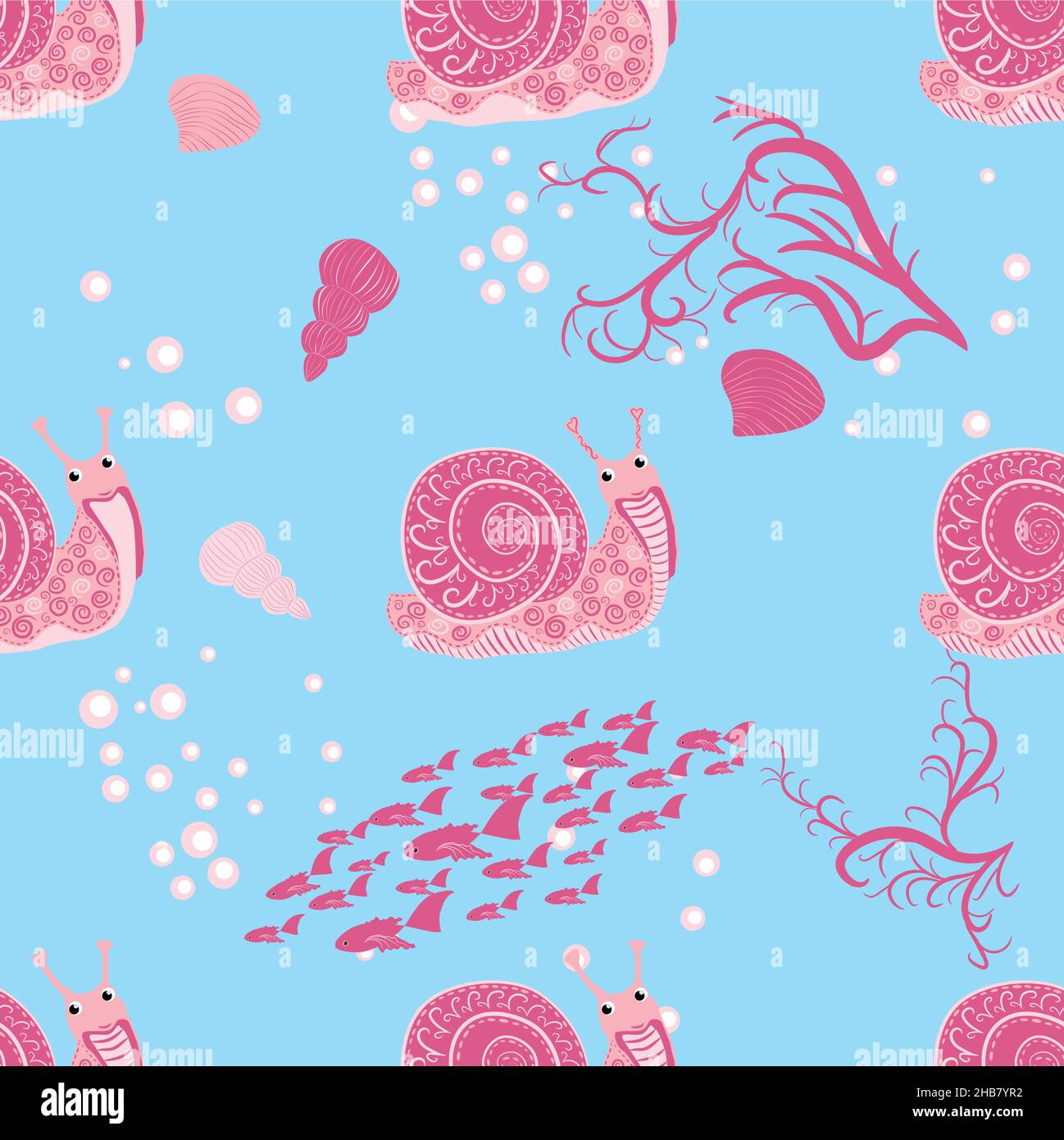 Snail pink, sea inhabitants seamless pattern, beautiful character among ...