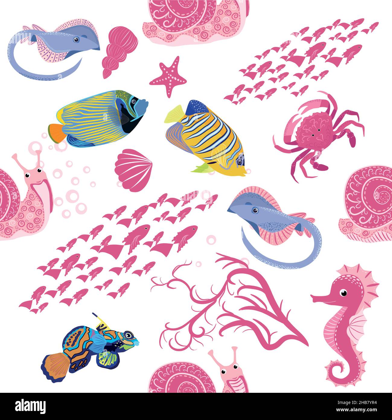 Snail pink, sea inhabitants seamless pattern, beautiful character among ...