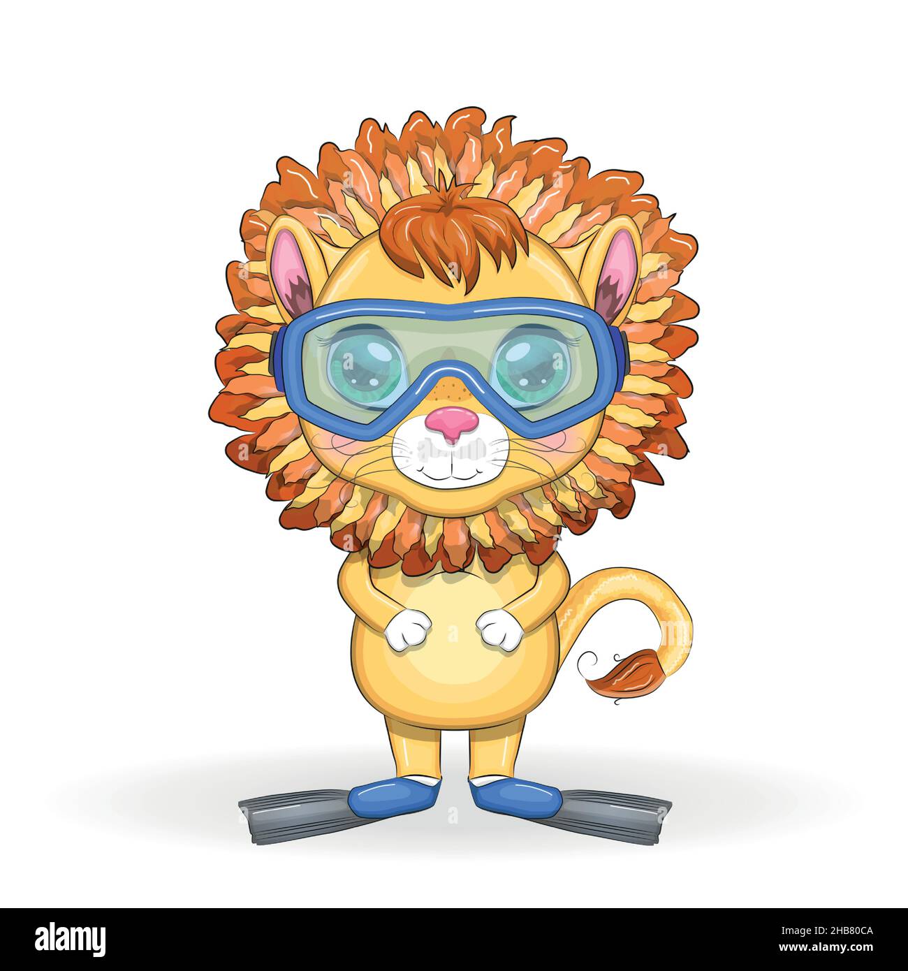 Cartoon lion in flippers, swimming circle, hat, glasses. Character with ...