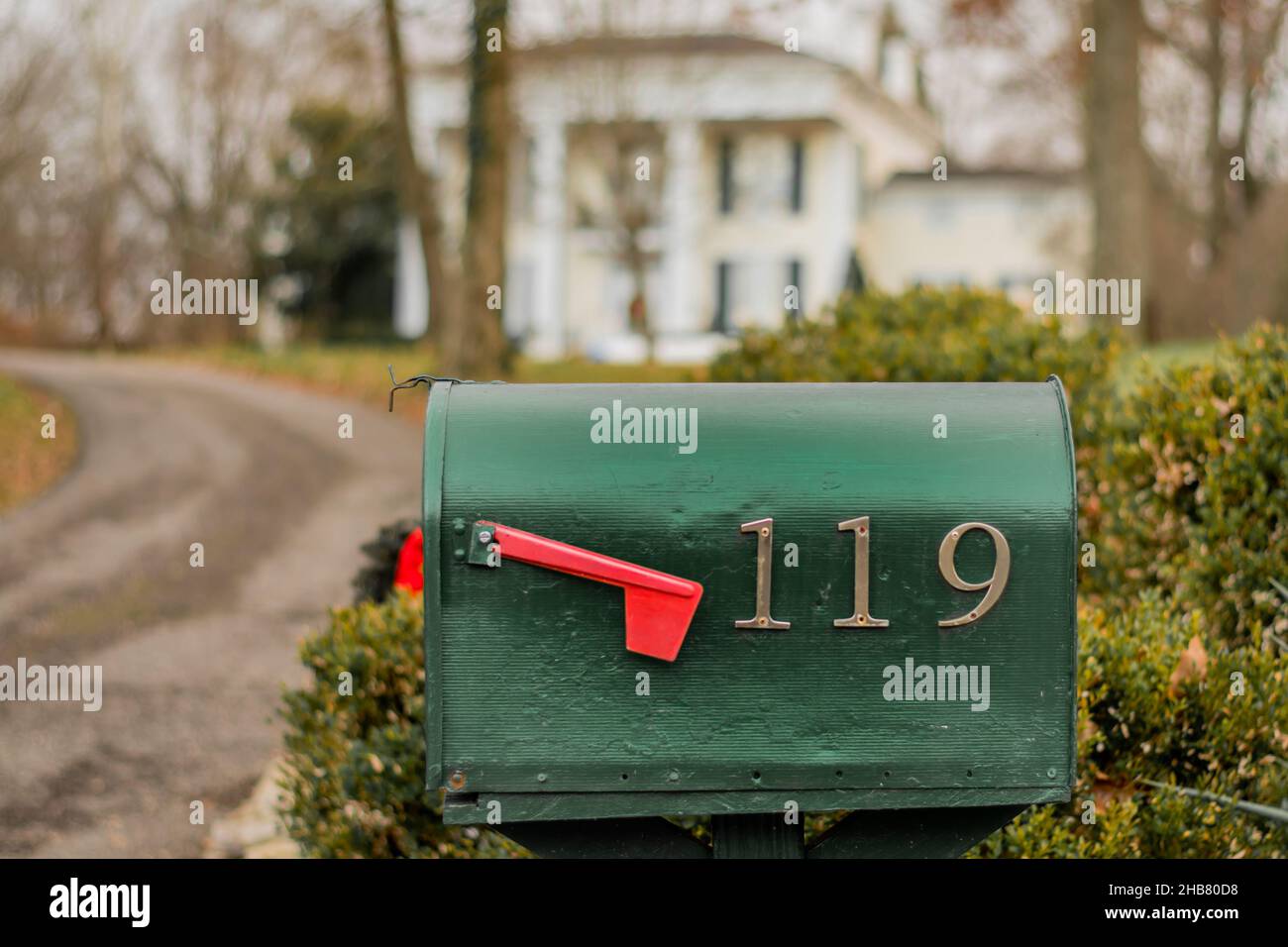 Closeup of the green mailbox in the street with address numbers Stock ...