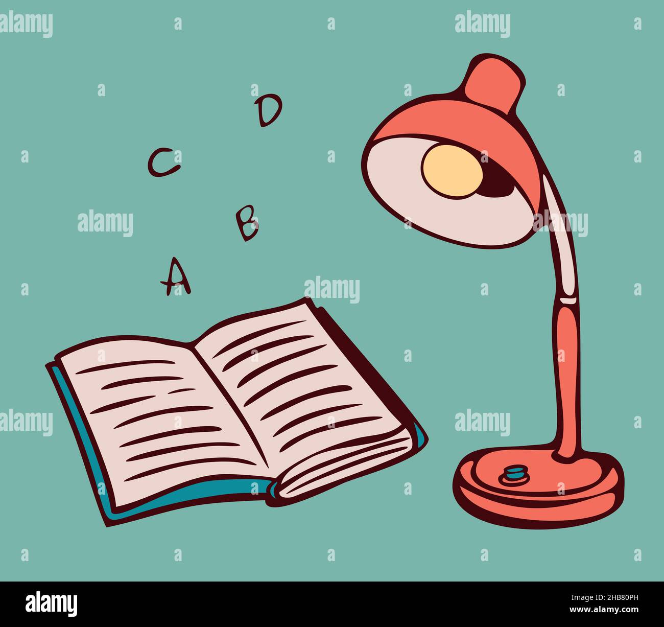 Vector illustration of table lamp, open book and letters. Design in ...